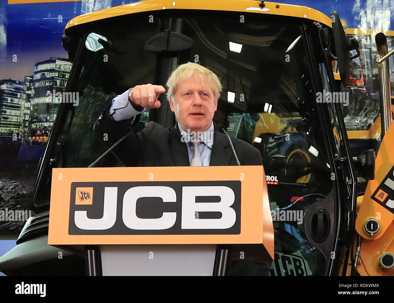 Boris Johnson speaking at the headquarters of JCB in Rocester ...