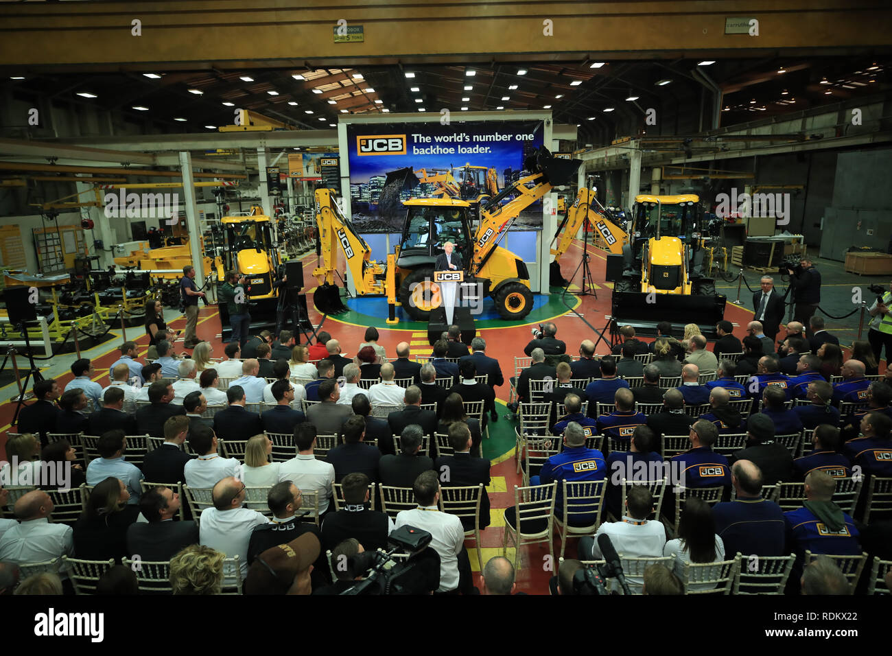 Boris Johnson speaking at the headquarters of JCB in Rocester ...