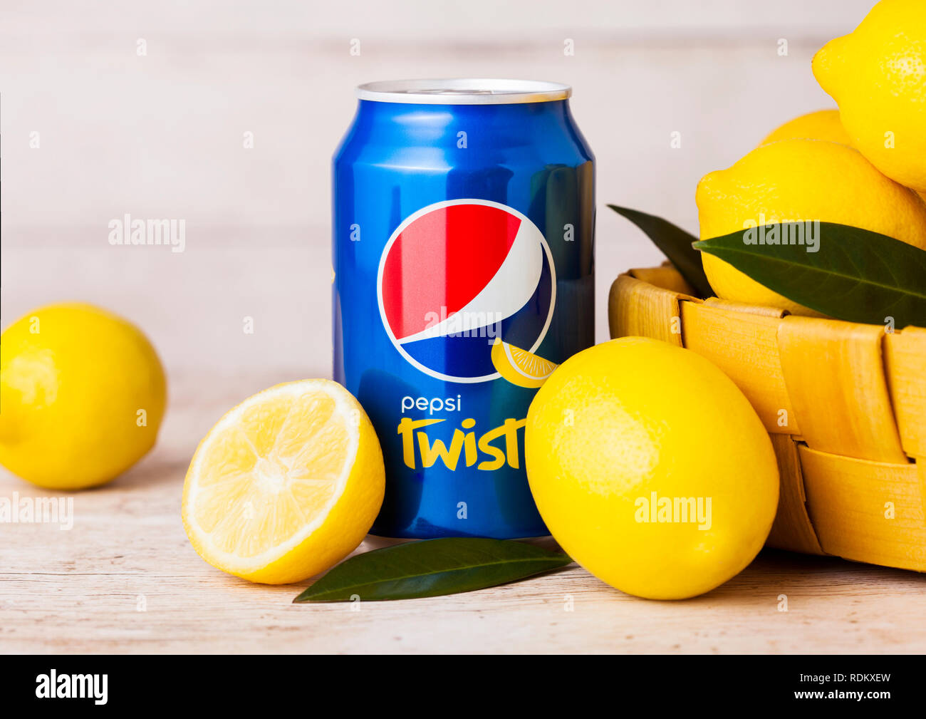 LONDON, UK - JANUARY 15, 2019: Aluminium can of Pepsi Cola lemon soft ...