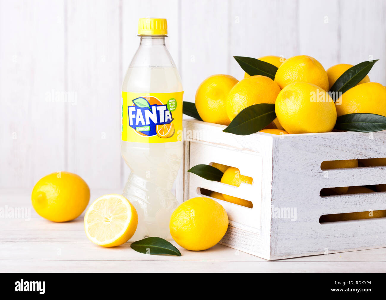 LONDON, UK - JANUARY 15, 2019: Plastic bottle of Fanta Lemon soft drink ...