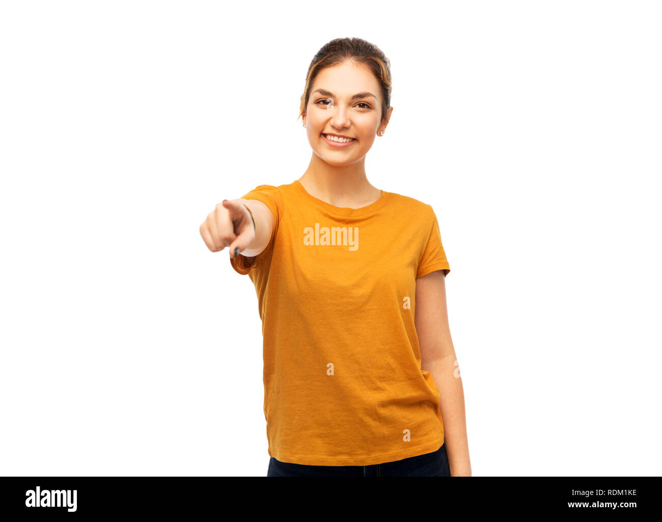 young woman or teenage girl pointing finger at you Stock Photo - Alamy