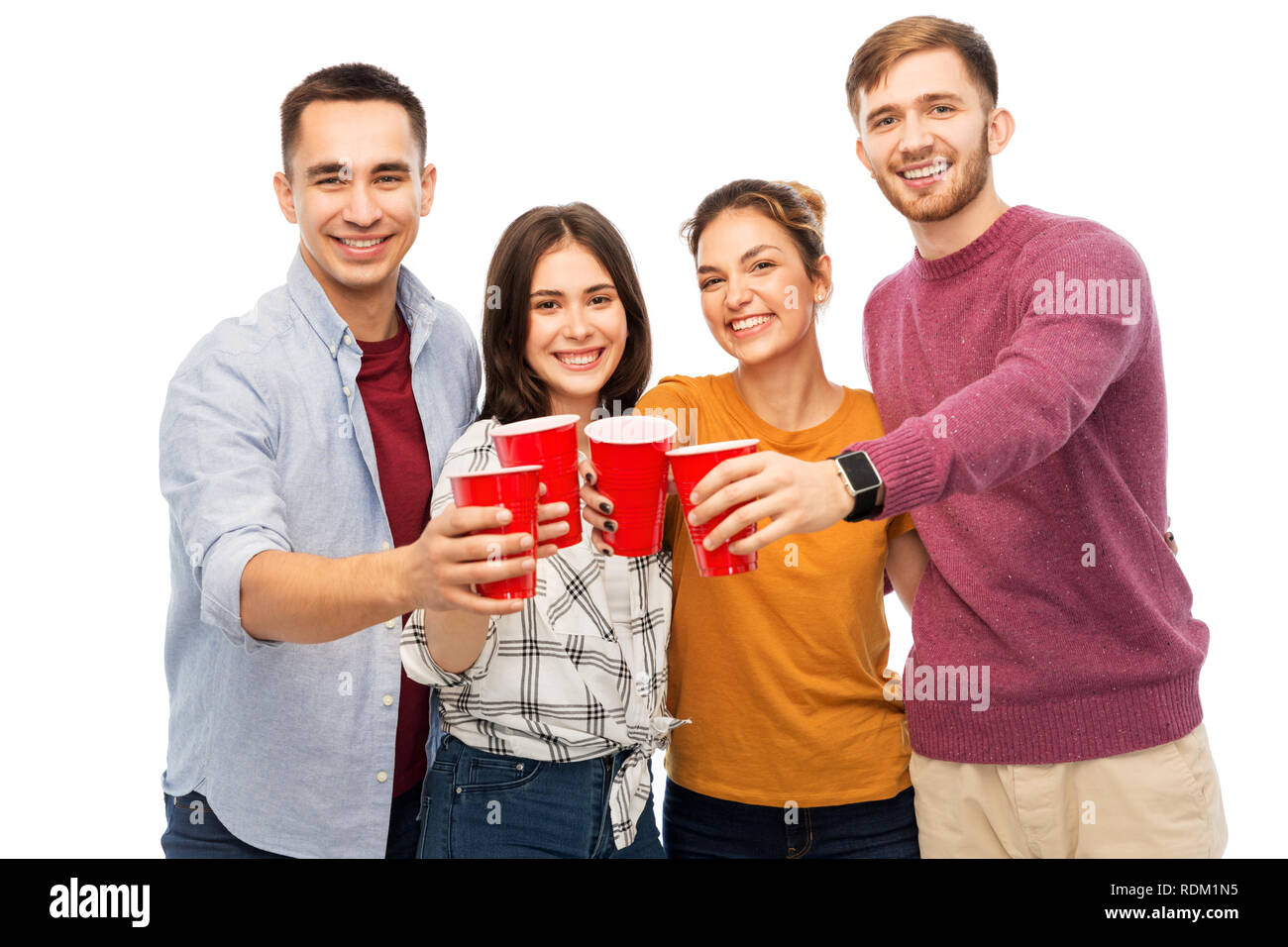 group of smiling friends with drinks in party cups Stock Photo - Alamy