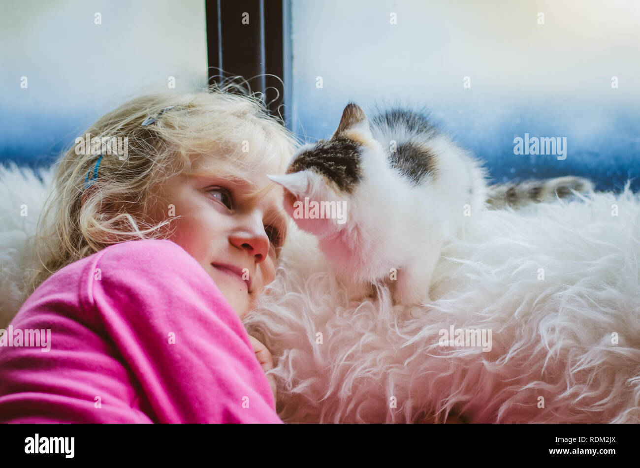 lovely blond girl and a cat by the window looking into eyes in winter ...