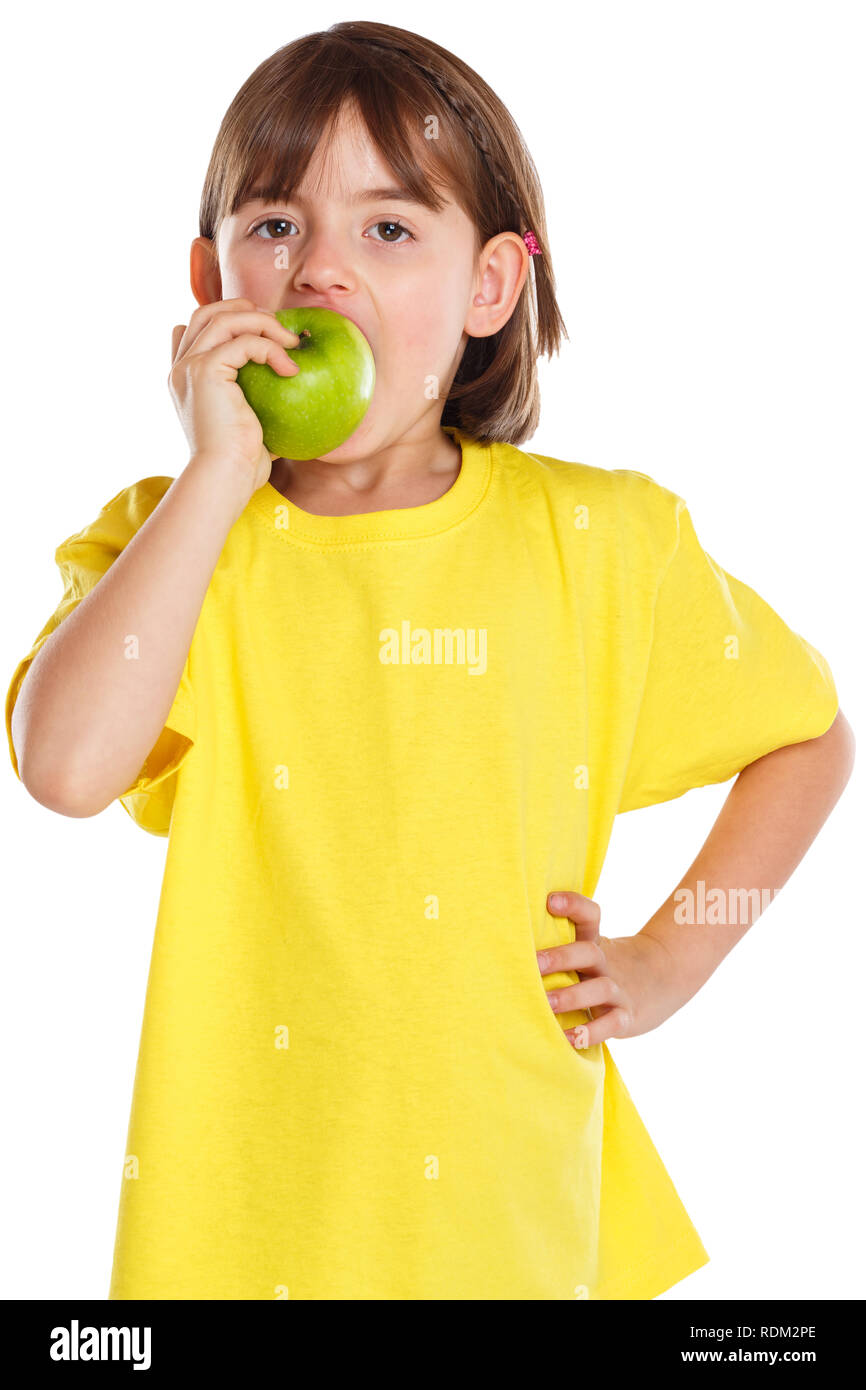 Girl child kid eating apple fruit autumn fall healthy isolated on a ...