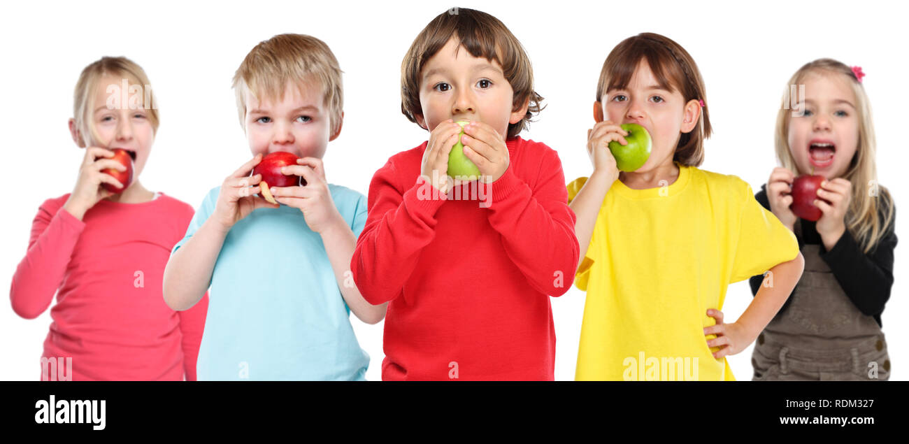Healthy eating group of kids children apple fruit isolated on a white ...