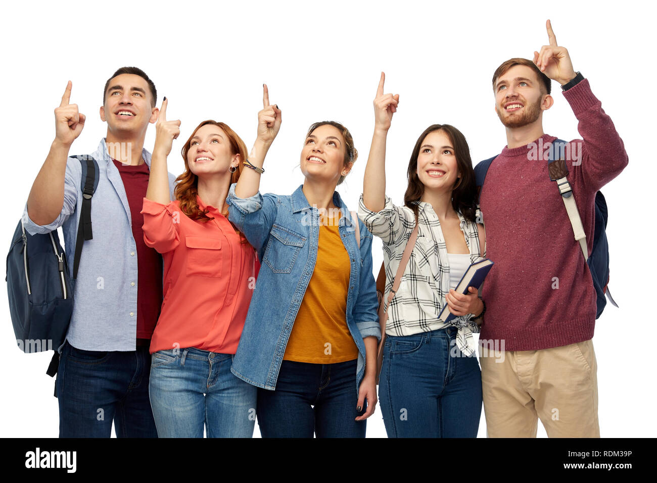 group of happy students pointing fingers up Stock Photo - Alamy