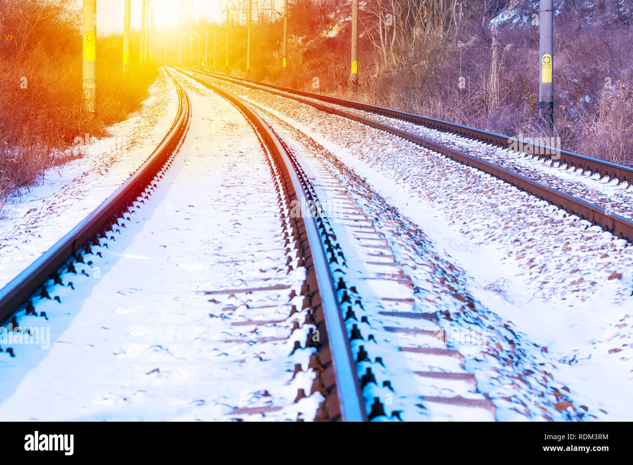 Railroad tracks in winter. Snow covering rail track among trees with ...
