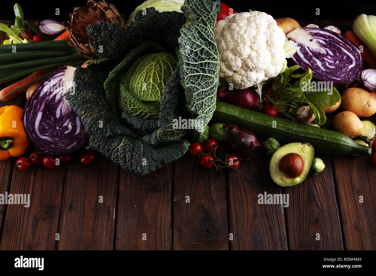 Composition with variety of raw organic vegetables and fruits. Balanced ...