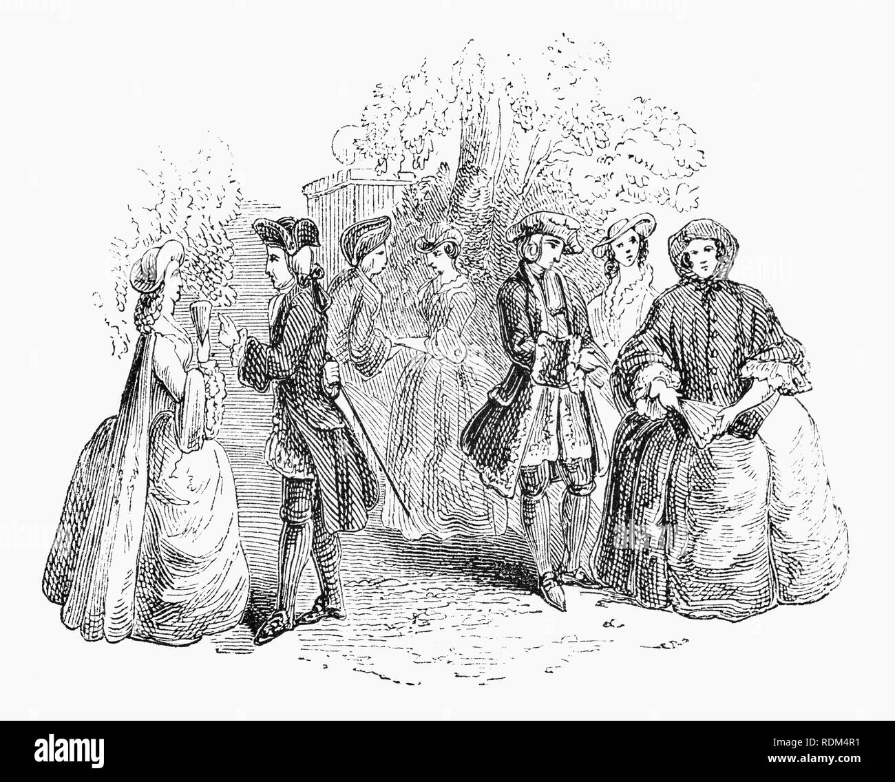 18th Century fashionable costume worn by the gentry for a garden party ...