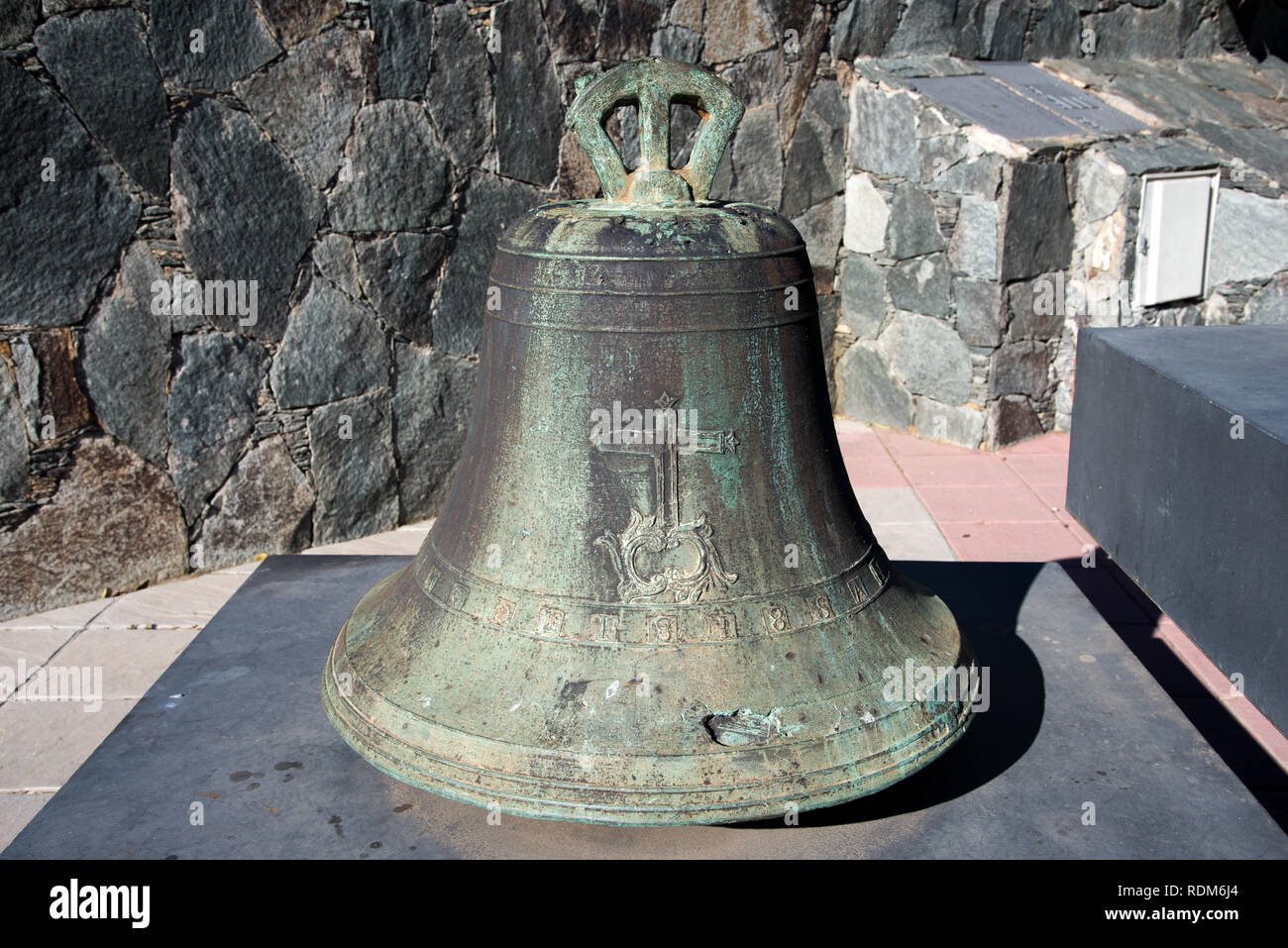 Cast-iron ancient bells of catholic church, close up in Santa Lucia de ...