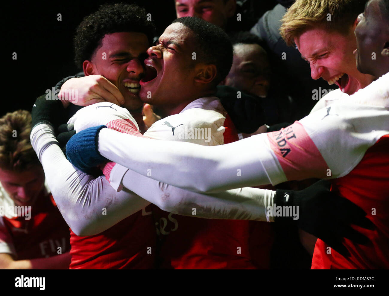 BOREHAMWOOD, ENGLAND - JANUARY 17: Xavier Amaechi of Arsenal celebrate ...
