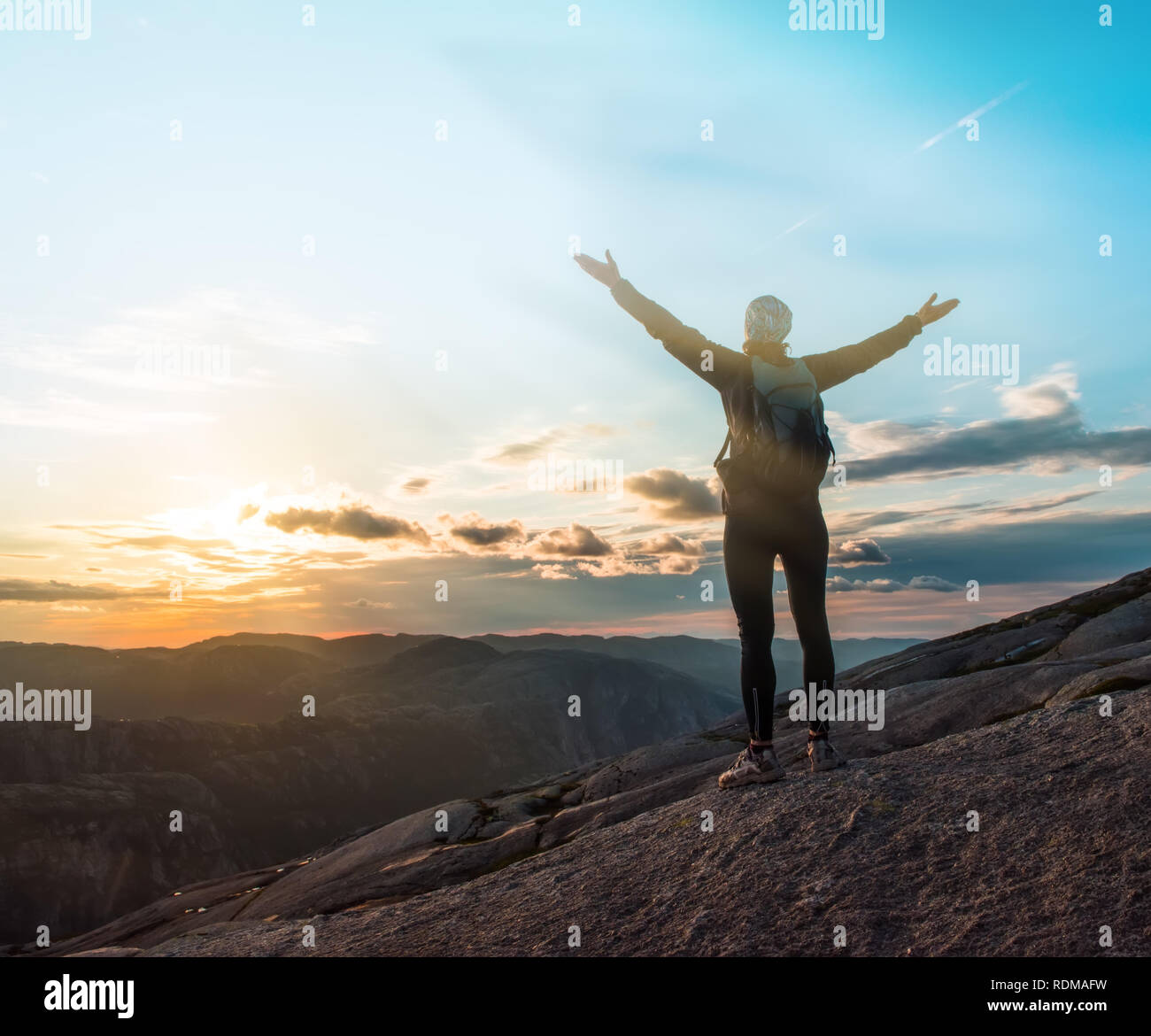 Woman successful hiking silhouette in mountains, motivation and ...