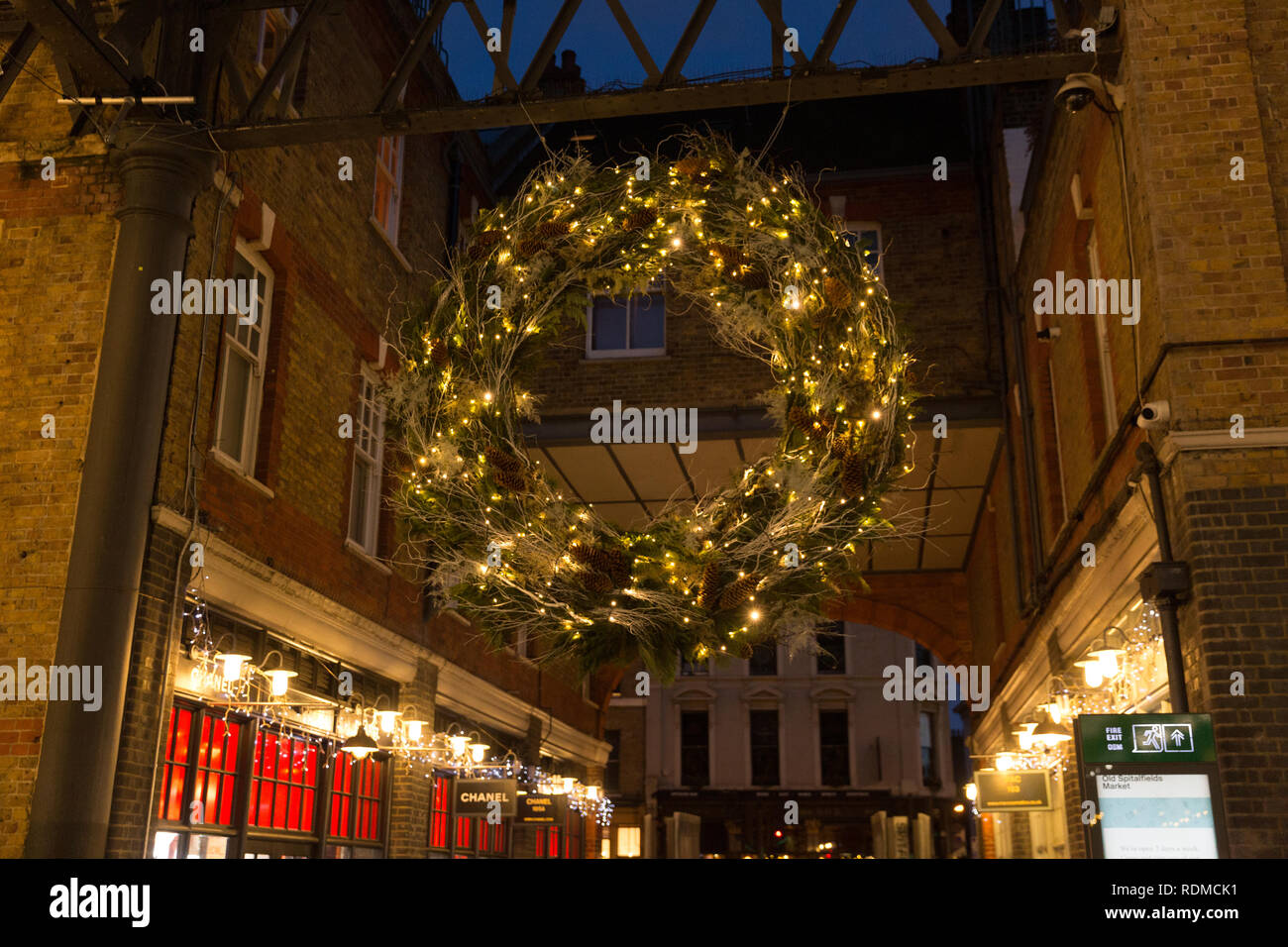 Festive decorations at Spitalfields Market, London Stock Photo - Alamy