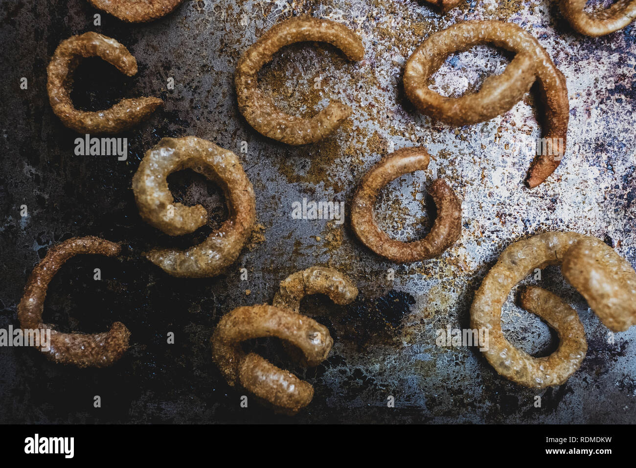 High angle close up of freshly made Puffed Pork Scratchings Stock Photo ...