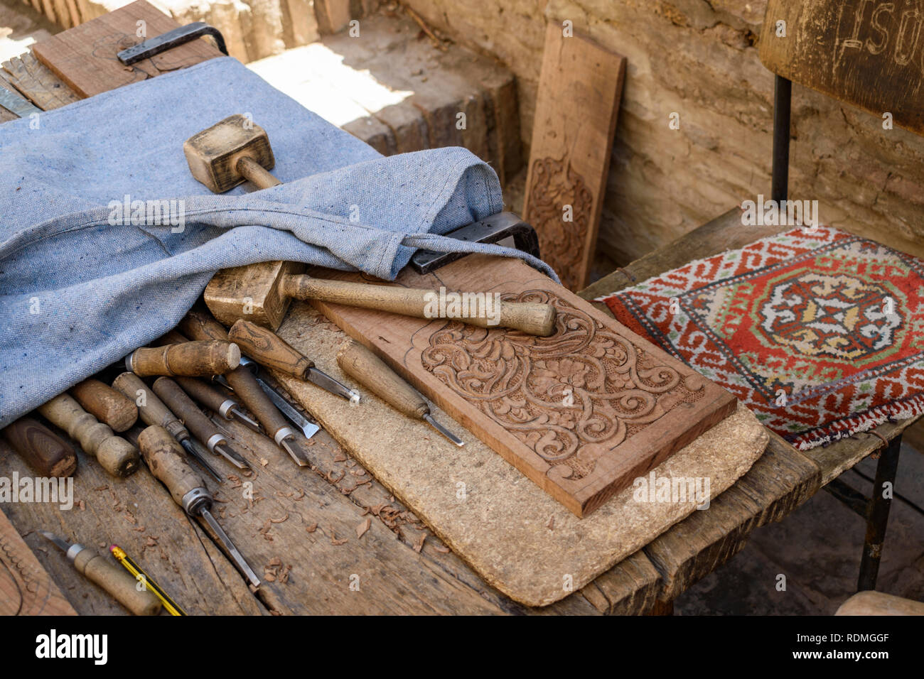 High angle close up of traditional woodworking tools, Khiva, Uzbekistan ...
