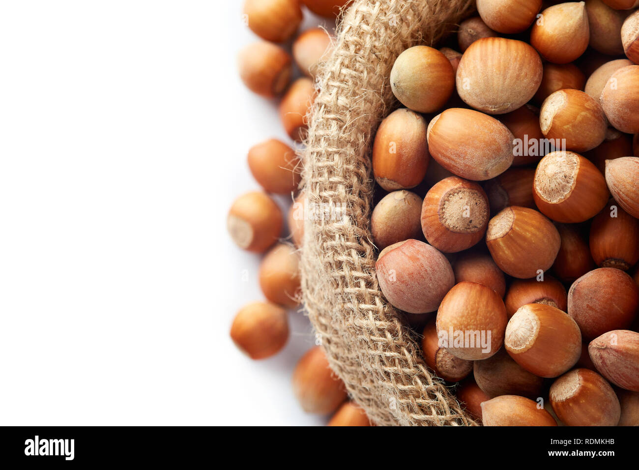Fresh ripe organic hazelnuts (filbert) in burlap sack isolated on white ...