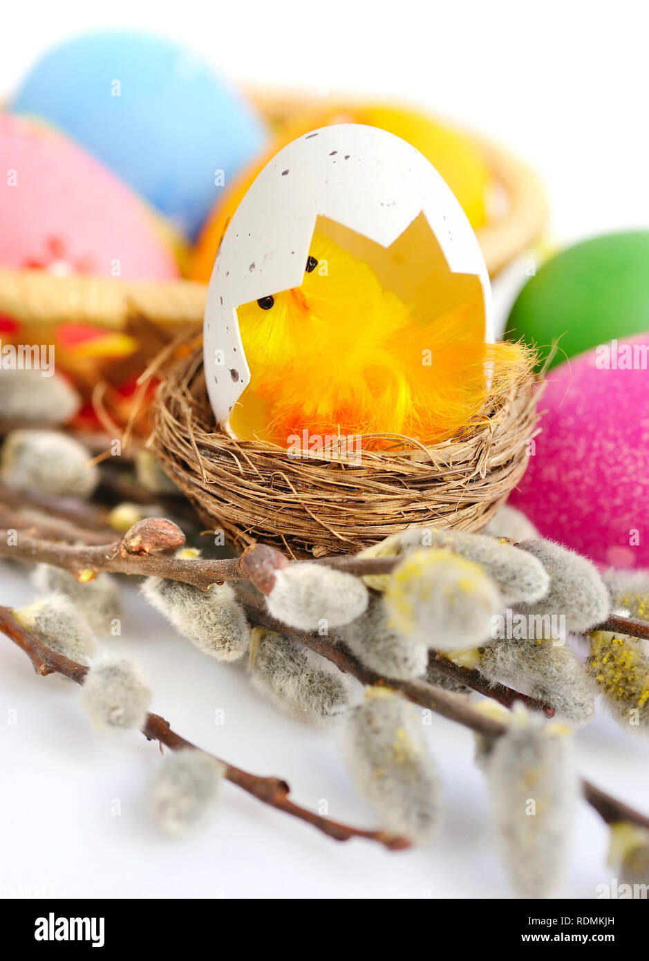Colorful easter eggs and branches of willow on white background Stock ...