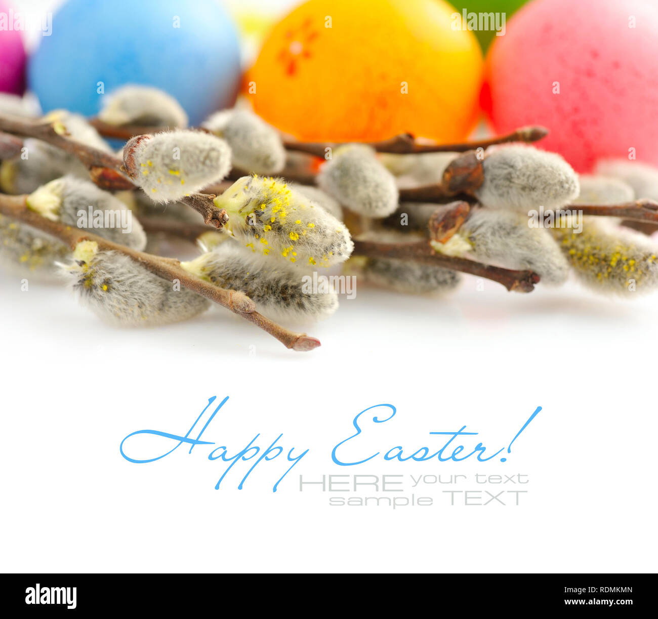 Branches of willow and colorful easter eggs on white background Stock ...