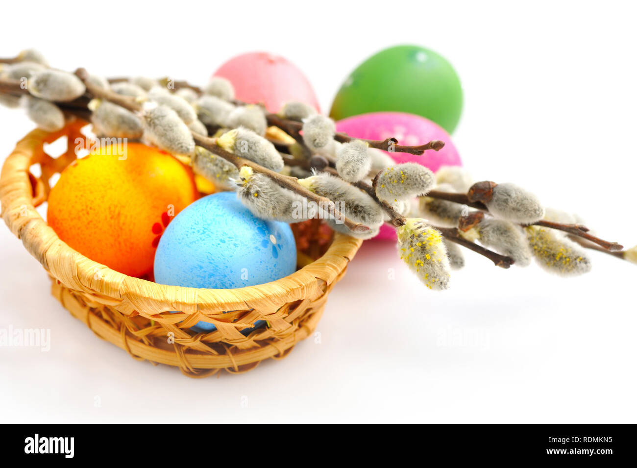Colorful easter eggs and branches of willow on white background Stock ...