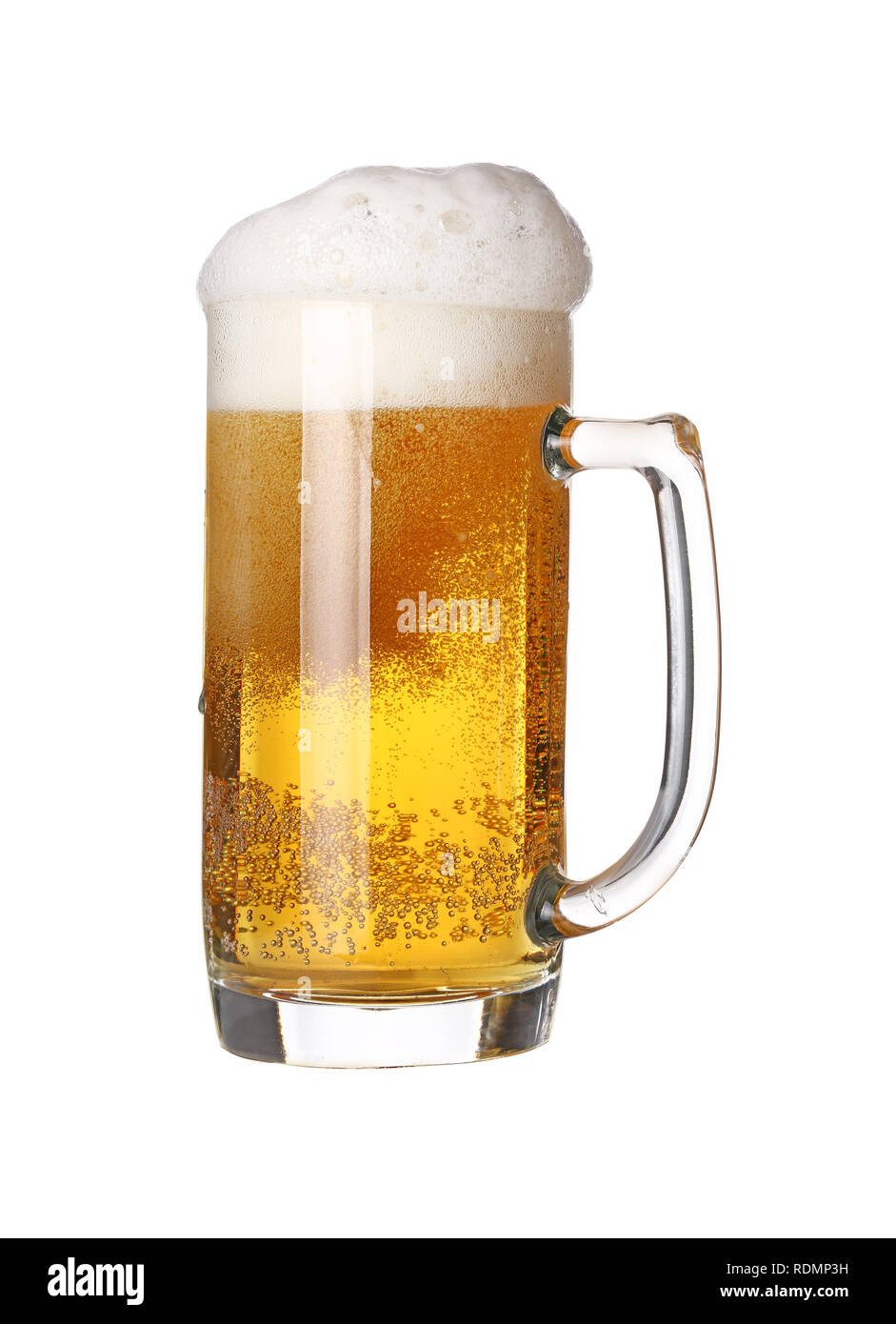 Close up one full glass mug of lager beer with froth and bubbles ...