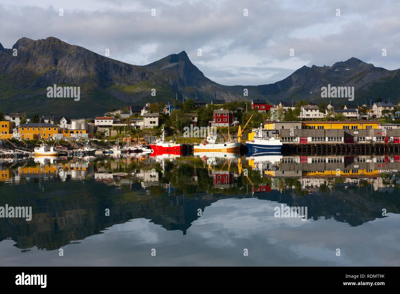 view of norwegian fisherman village Husoy, Senja island, Norway Stock ...