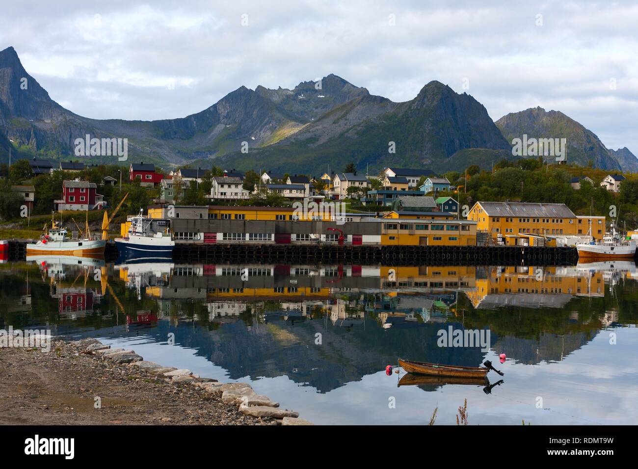 view of norwegian fisherman village Husoy, Senja island, Norway Stock ...