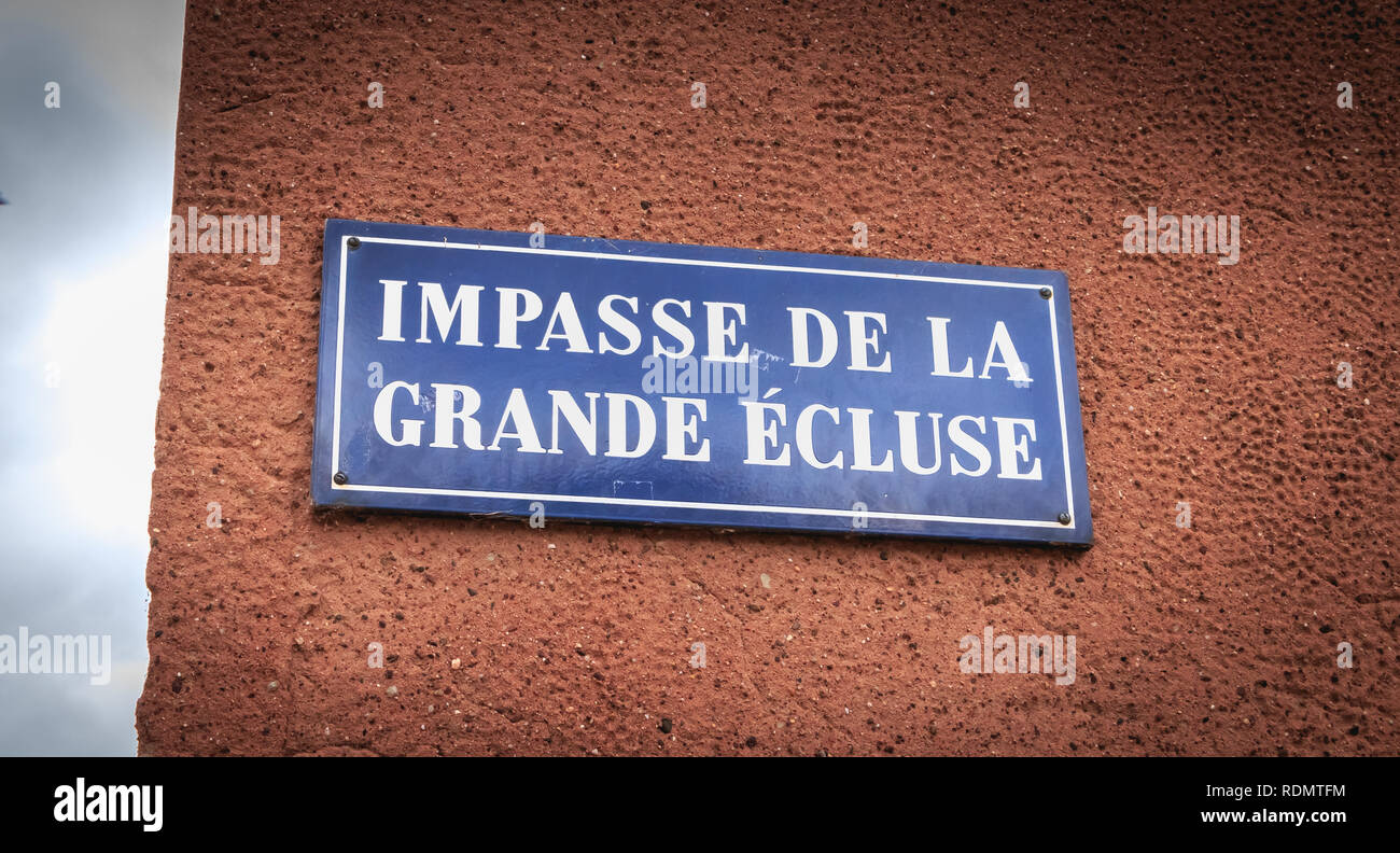 Strasbourg, France - December 28, 2017 - blue street sign stating in ...
