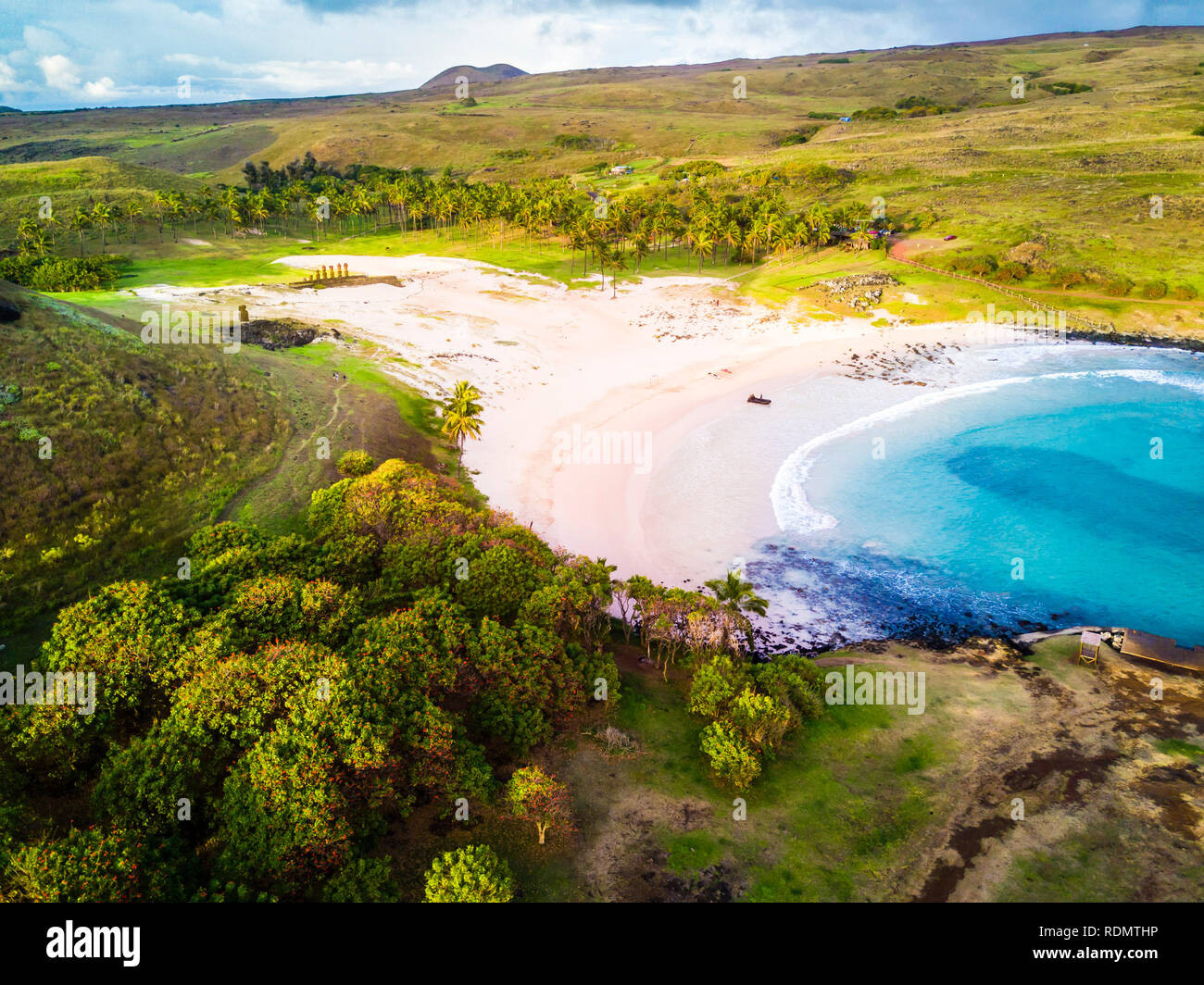An Aerial view from the drone of Anakena Beach an amazing, idyllic and ...