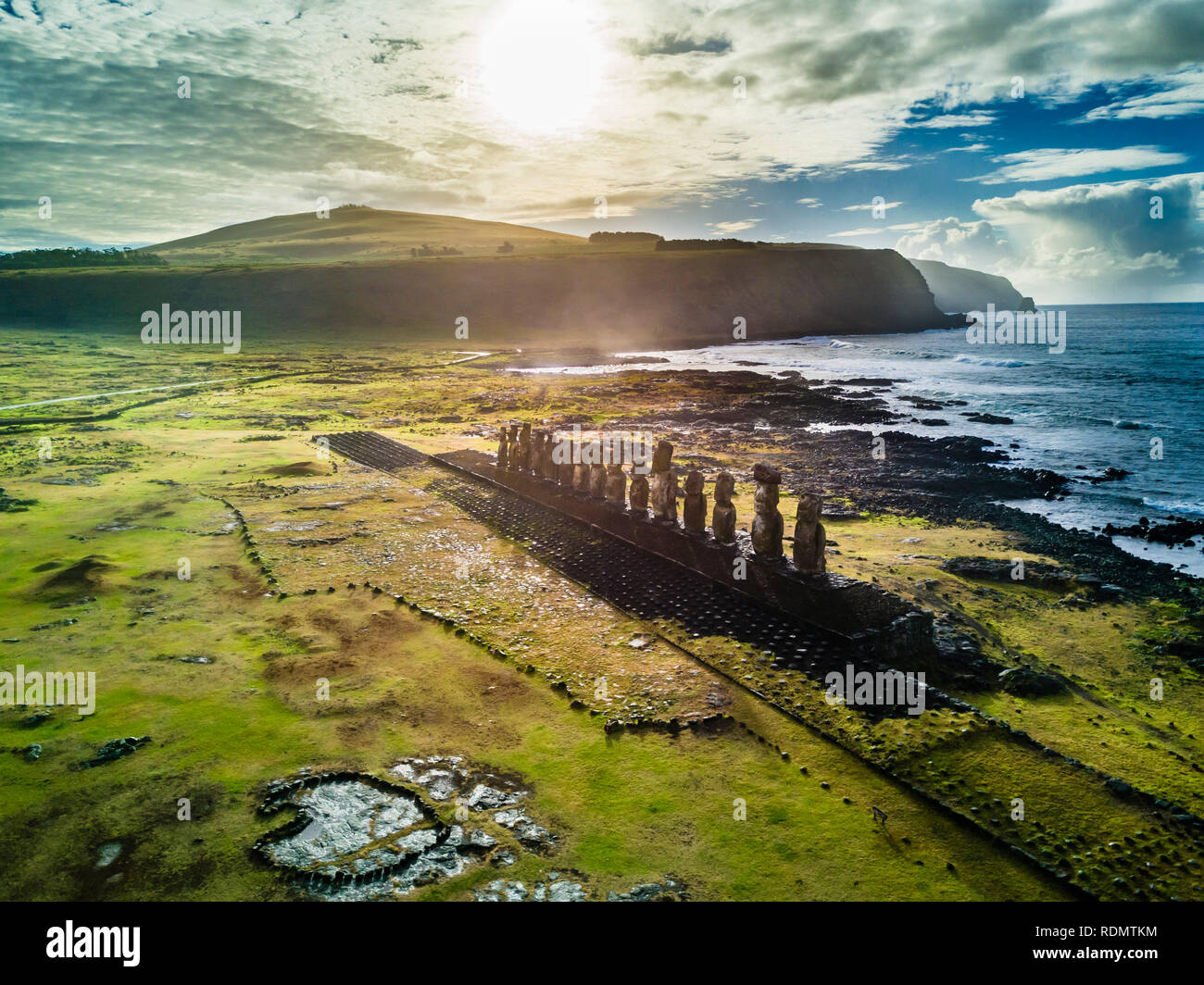 An aerial view over Ahu Tongariki, the most amazing Ahu platform on ...