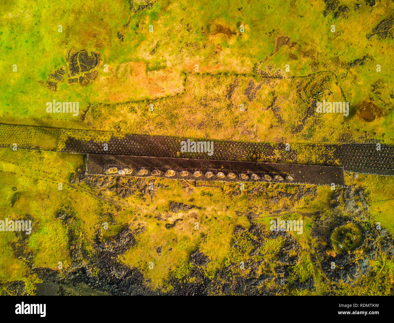 An aerial view over Ahu Tongariki, the most amazing Ahu platform on ...