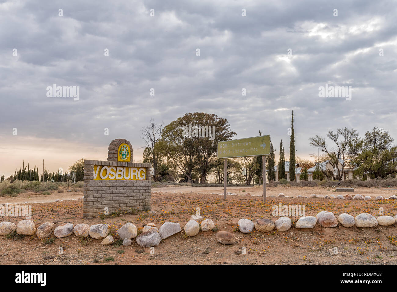 VOSBURG, SOUTH AFRICA, SEPTEMBER 1, 2018: A name board and directional ...