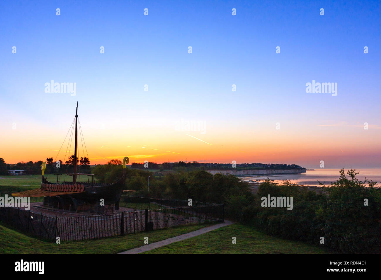 Dawn sky over Ramsgate seen from Pegwell Bay's Viking Ship. Sky blue ...