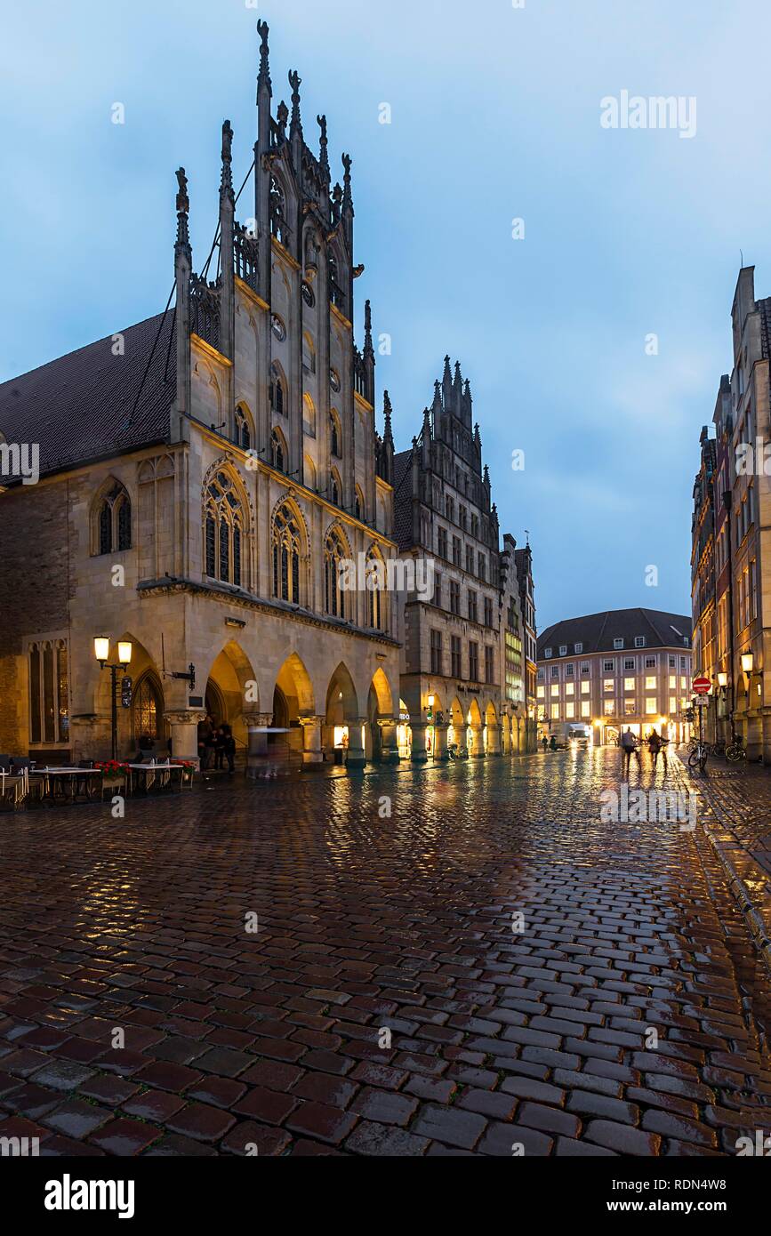 Old town hall and historic gabled houses in the rain and at dusk ...