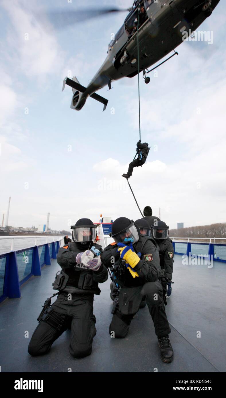 Special police unit operational rehearsal, accessing a passenger ship ...