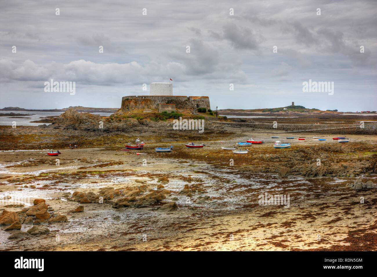 Fort Grey, now a museum, boats lying dry on the seabed at low tide ...
