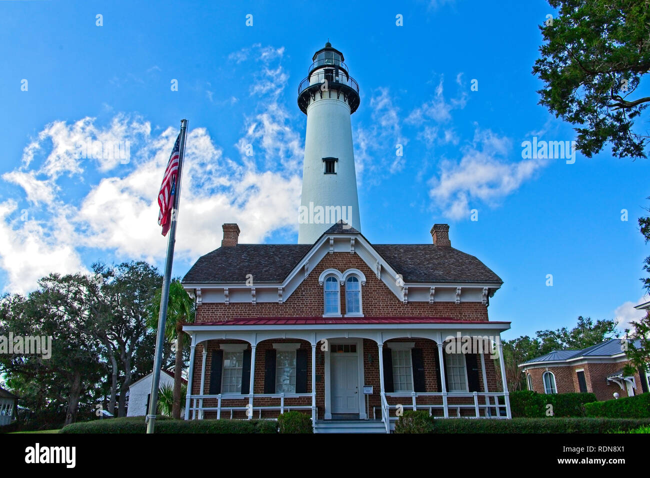 A view of the old white brick lighthouse on St Simons Island, Georgia ...