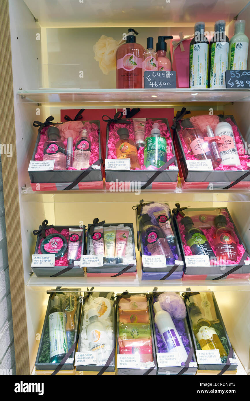 SEOUL, SOUTH KOREA - CIRCA MAY, 2017: goods on display at The Body Shop ...