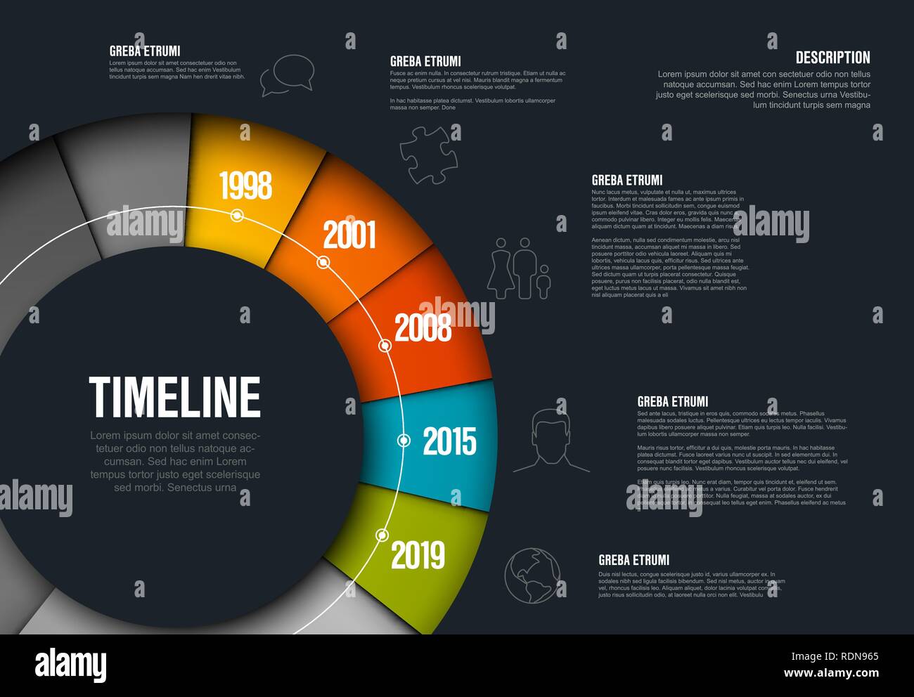 Vector Infographic timeline template made from colorful wheel - dark ...
