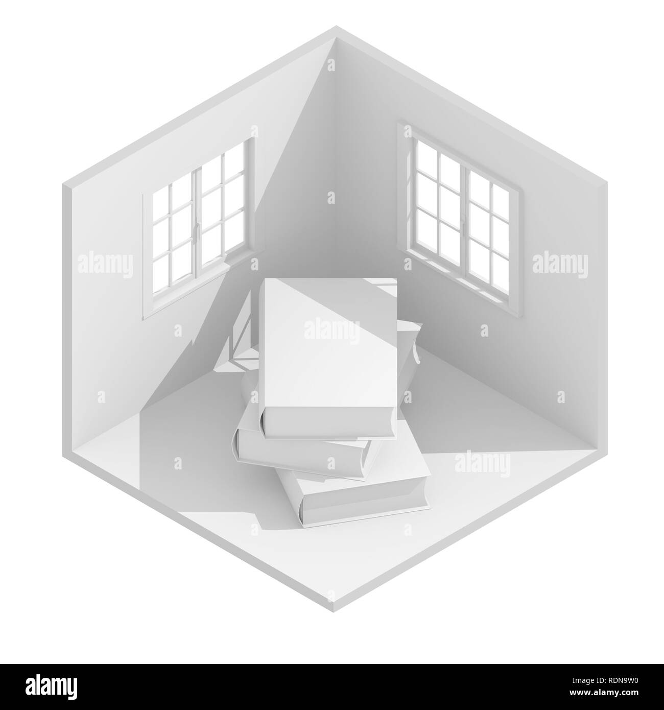 3d isometric rendering illustration of white books in empty room Stock ...