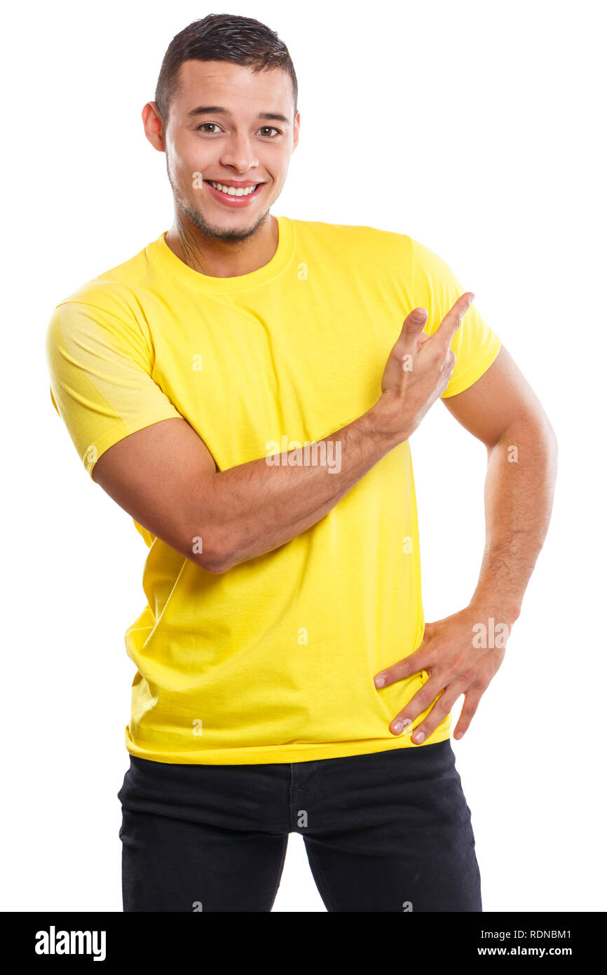 Young man showing pointing marketing ad advert people isolated on a ...