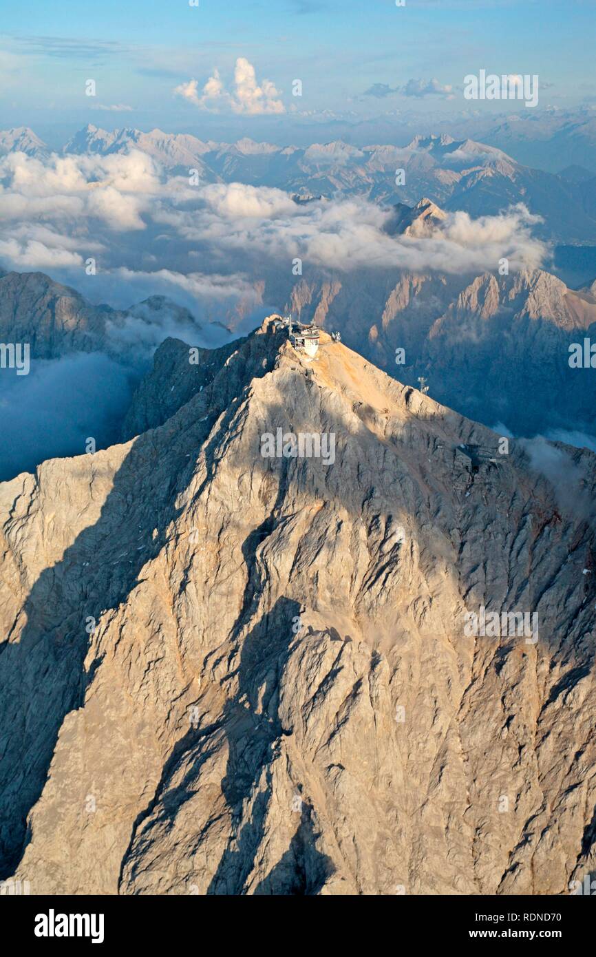 Aerial view of Zugspitze Mountain and neighbouring peaks, the Alps ...