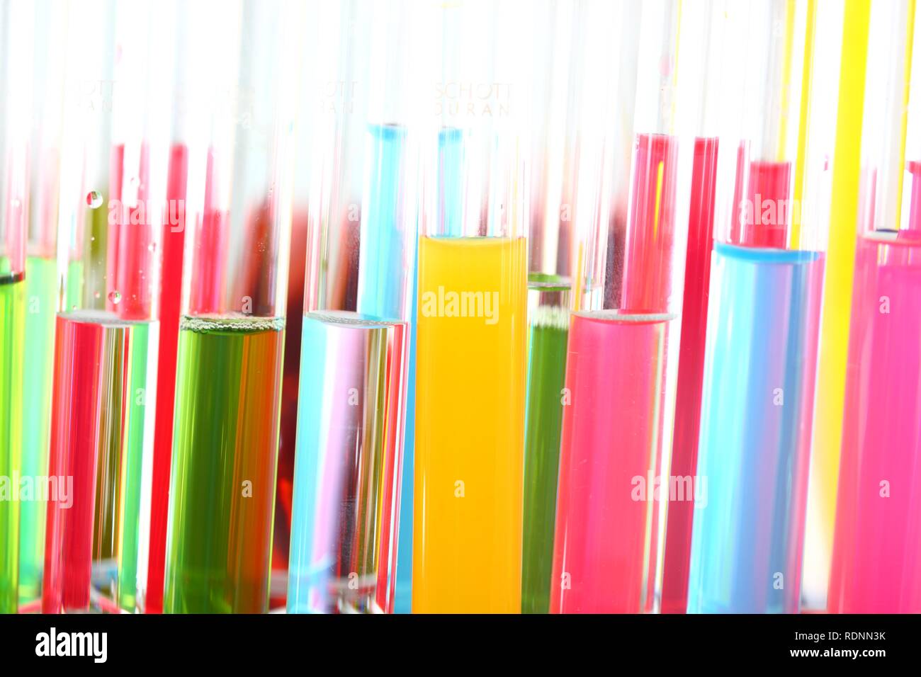 Chemistry laboratory, various glass containers with liquids, chemicals ...