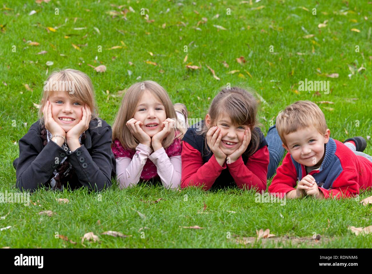 Four children lying on a meadow Stock Photo - Alamy