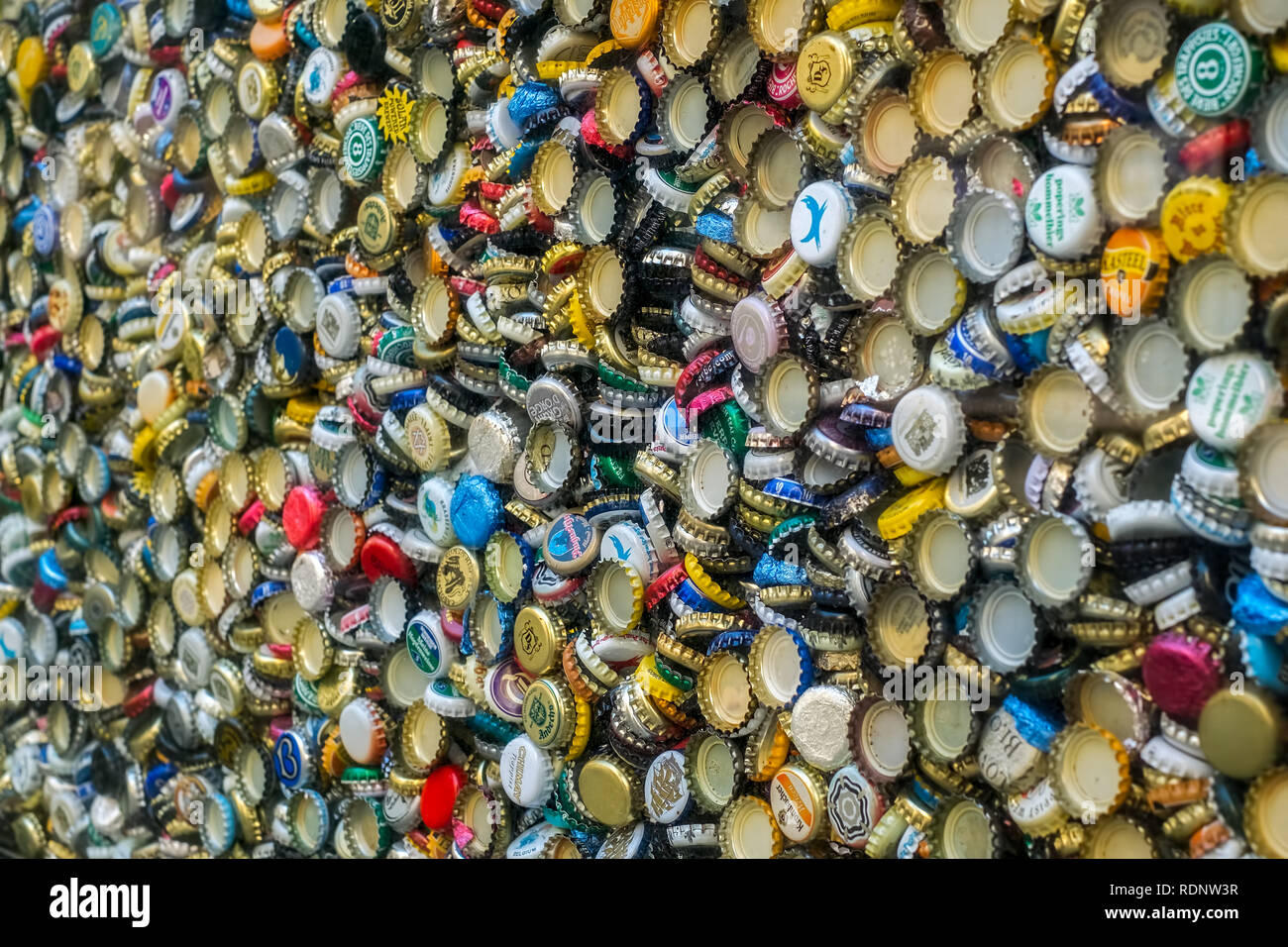 Background of beer bottle caps, a mix of various european brands Stock ...