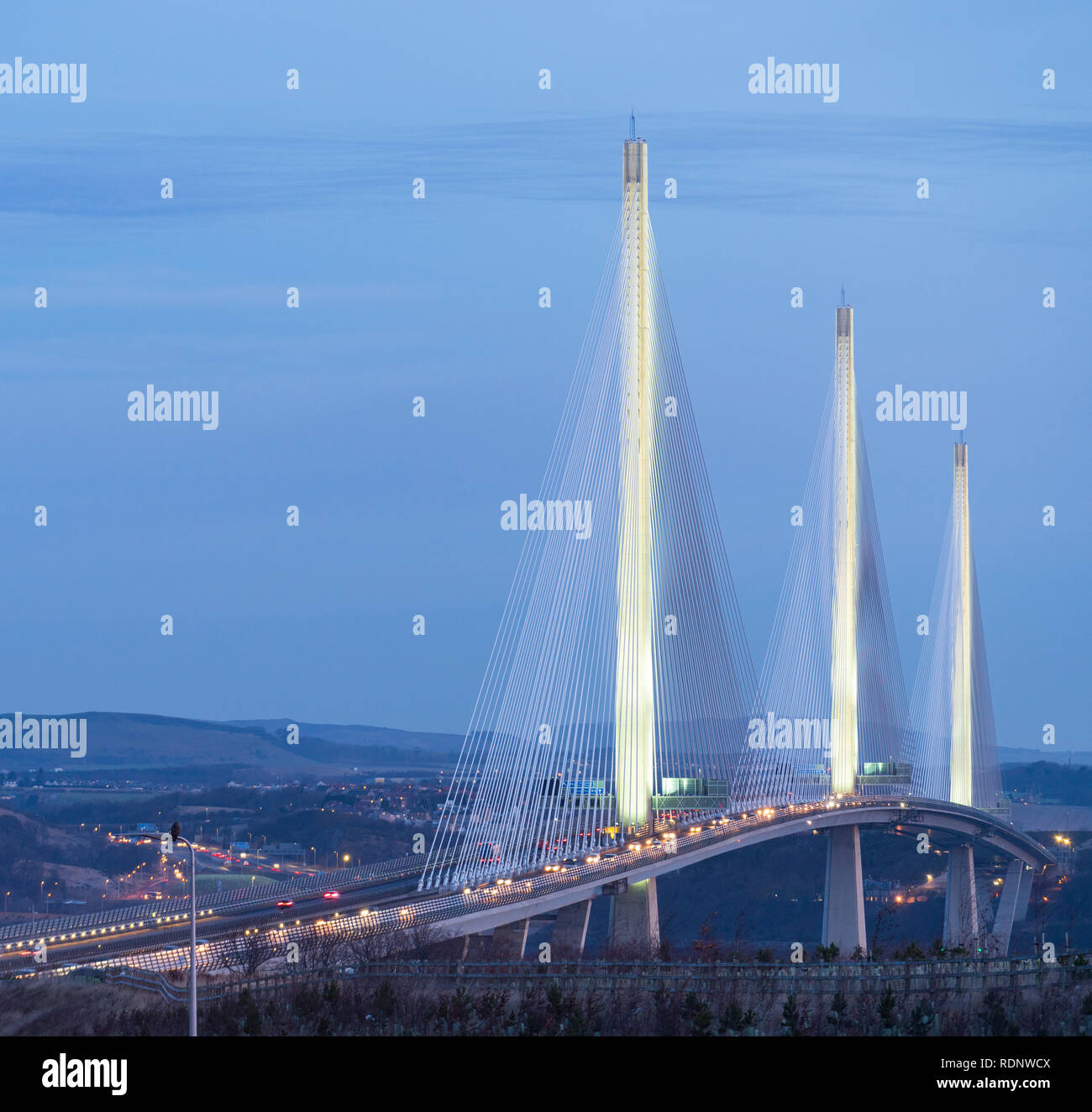 View at sunrise of Queensferry Crossing Bridge spanning the Firth Of ...