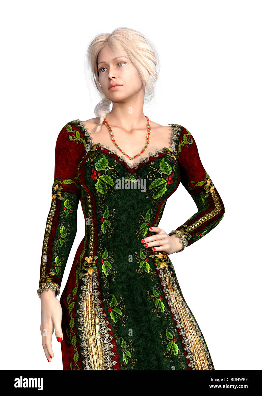 3D rendering of a beautiful fairy tale princess in a red dress isolated ...