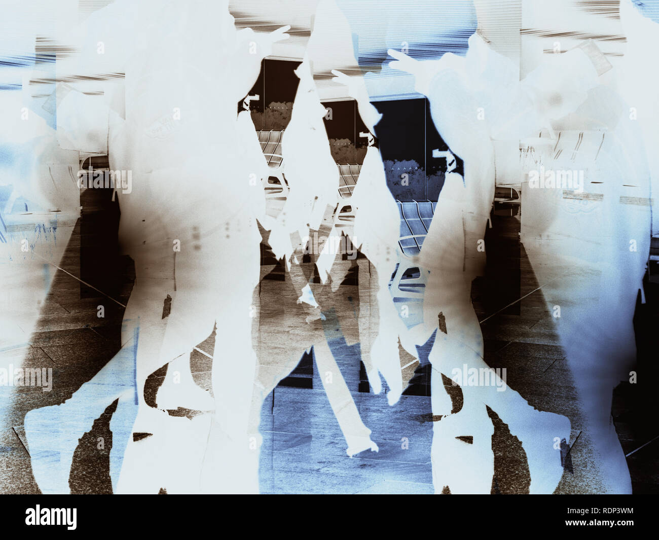 Digital composite image with silhouettes of people walking in modern ...
