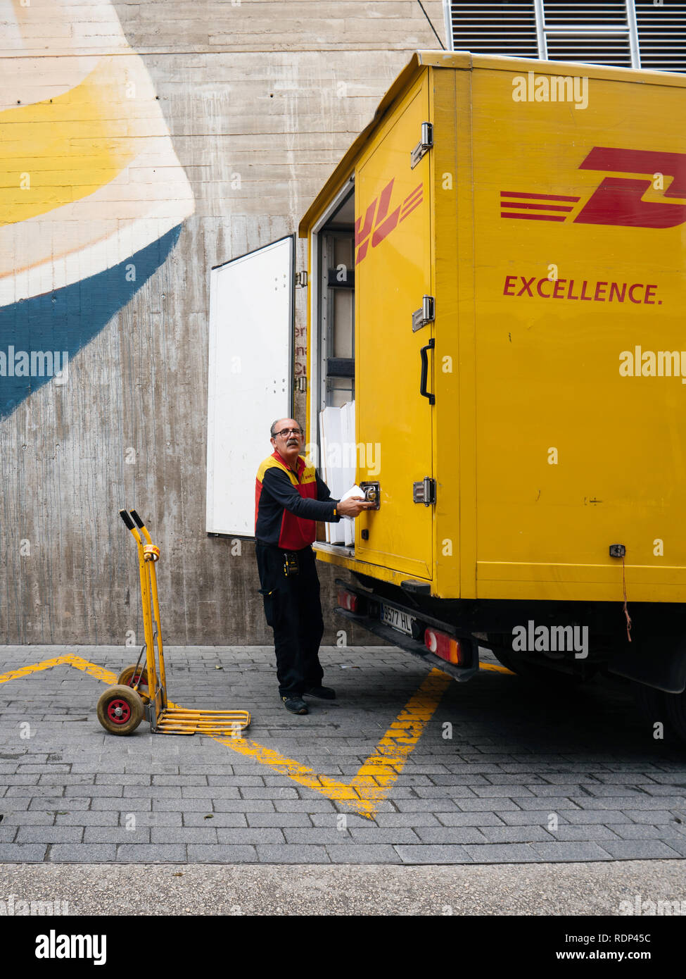 INCA, PALMA DE MALLORCA, SPAIN - MAY 8, 2018: Side view of Senior DHL ...