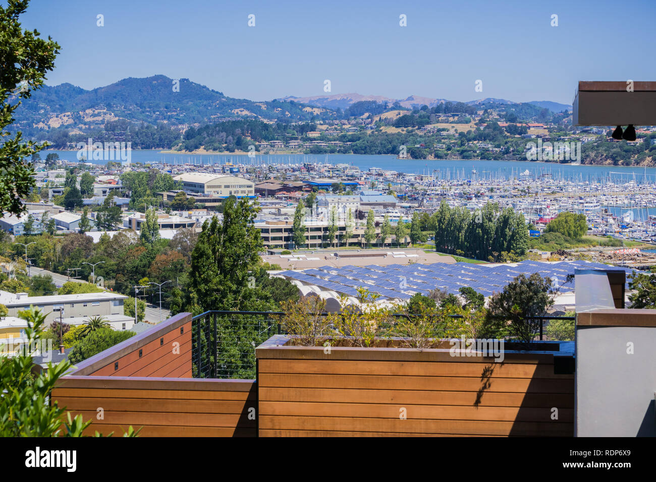 Aerial view of the bay and marina from the hills of Sausalito, San ...