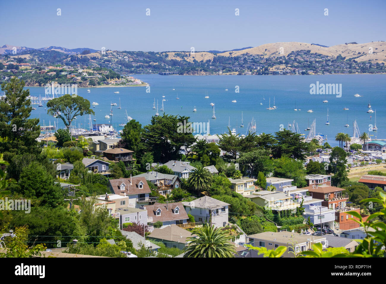 Aerial view of the bay and marina from the hills of Sausalito, San ...